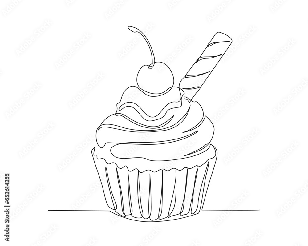 Continuous one line drawing of muffin cake. Cupcake with cherry and ...