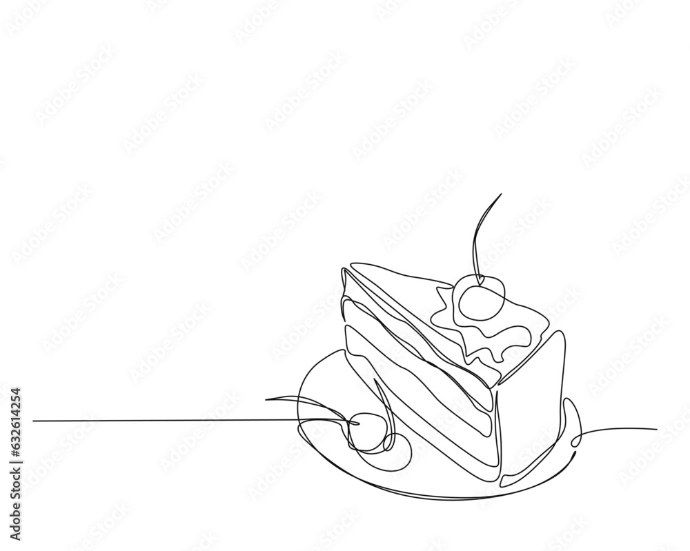 Continuous one line drawing of sliced cake. Cheese cake with cherry ...