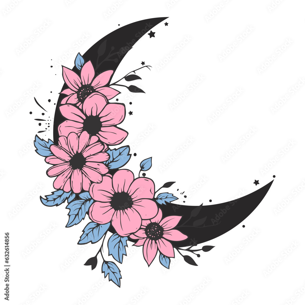 Beautiful vector illustration of Crescent Moon with stars and flower ...