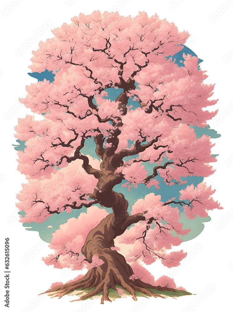 Cartoon Illustration of Japanese Sakura Tree with Vibrant Colors on ...