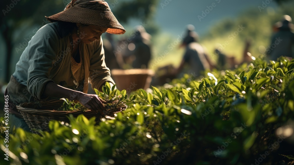 Indian woman collecting tea leaves into basket. Plantation worker. Tea ...