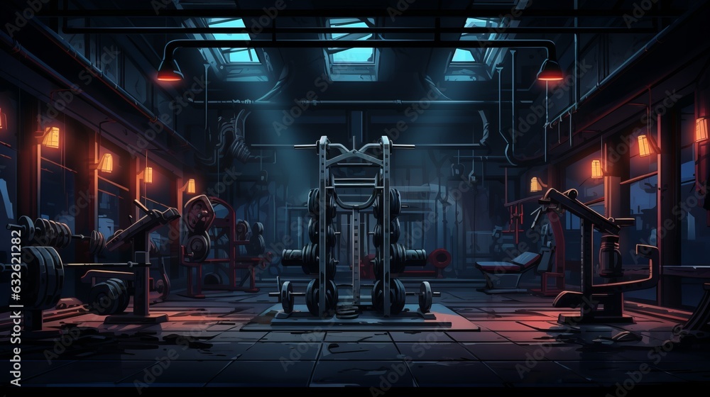 Dark background gym with barbells and machines. Generative AI Stock ...