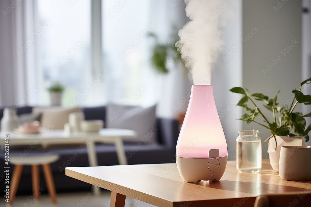 Humidifier on a table in a living room at home blurred background ...