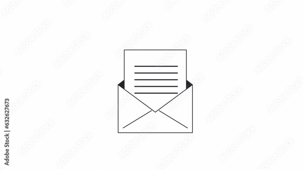Letter in envelope open bw outline 2D object animation. Inbox e mailing ...