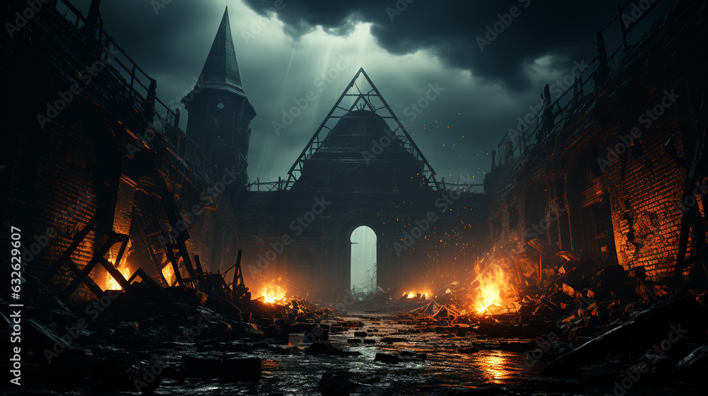 mystical atmosphere of an old abandoned brick building with piles of ...