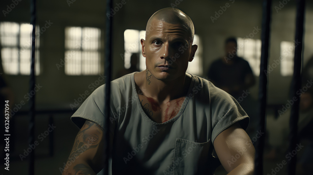 Young male inmate in prison uniform, man with shaved head portrait ...
