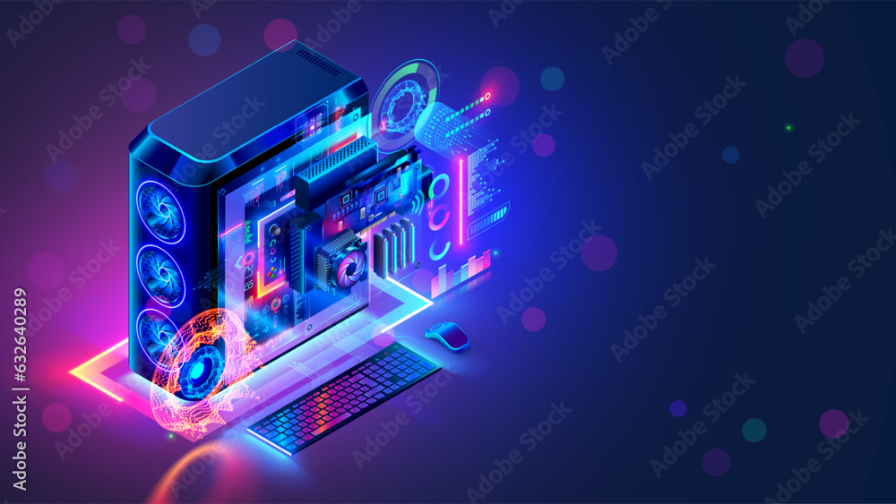 Gaming computer upgrade or repair. Modern power PC in dark with neon ...