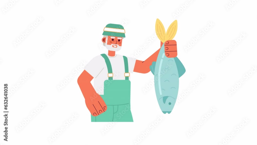 Elderly fisherman holding fish 2D character animation. Active ...