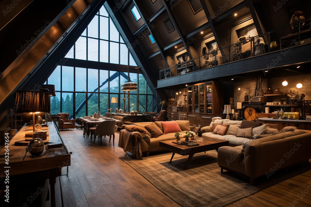 The loft's interior filled with warm, ambient lighting and soft ...