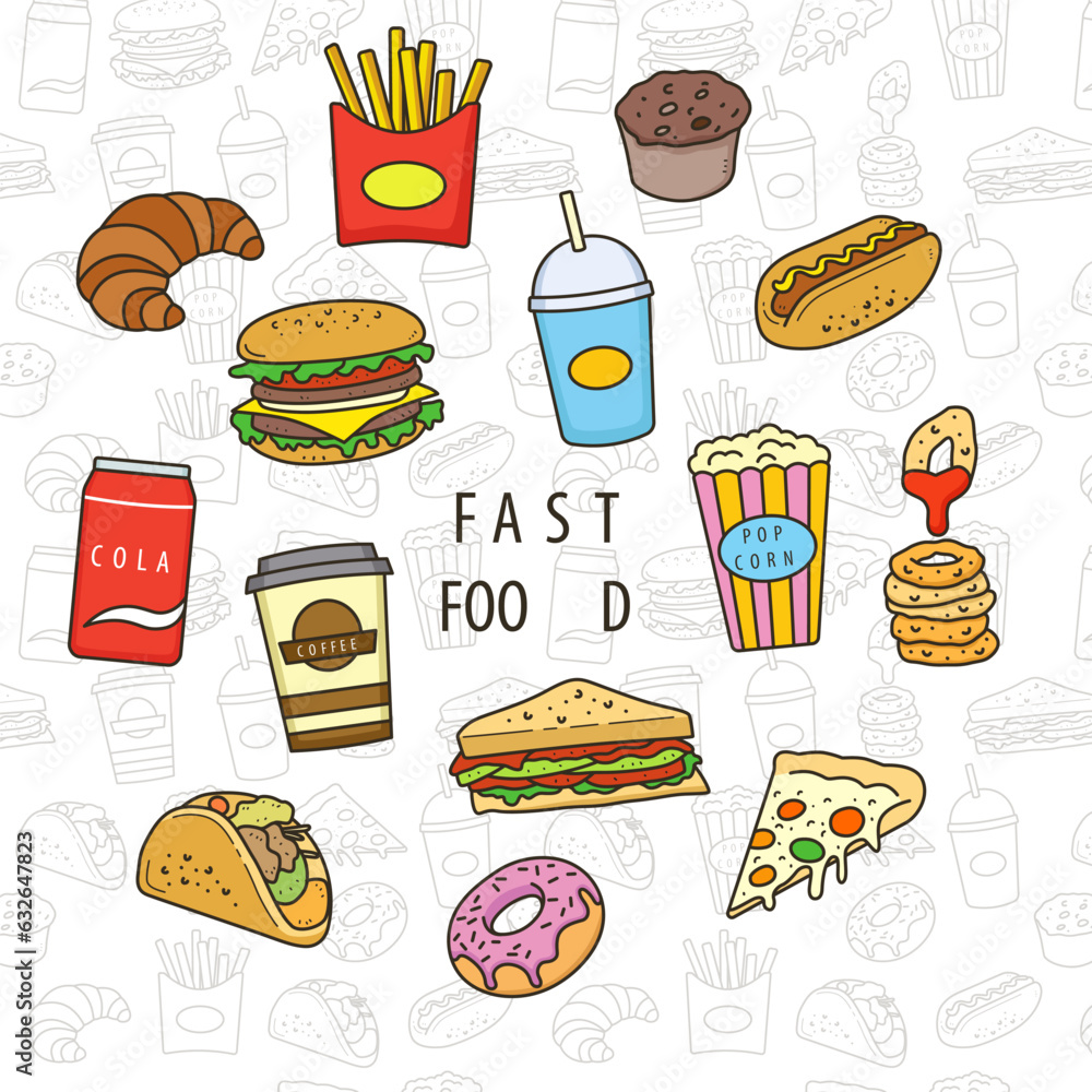 cartoon fast food isolated on white, fast food cartoon illustration ...