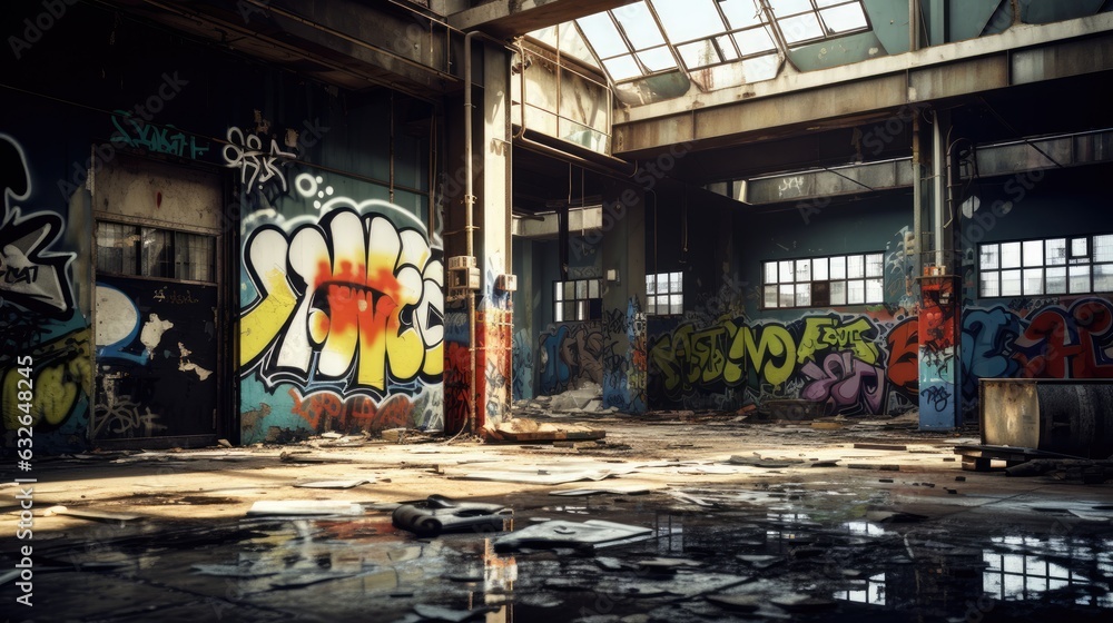 abstract graffiti shapes and patterns covering the surfaces of a vacant ...