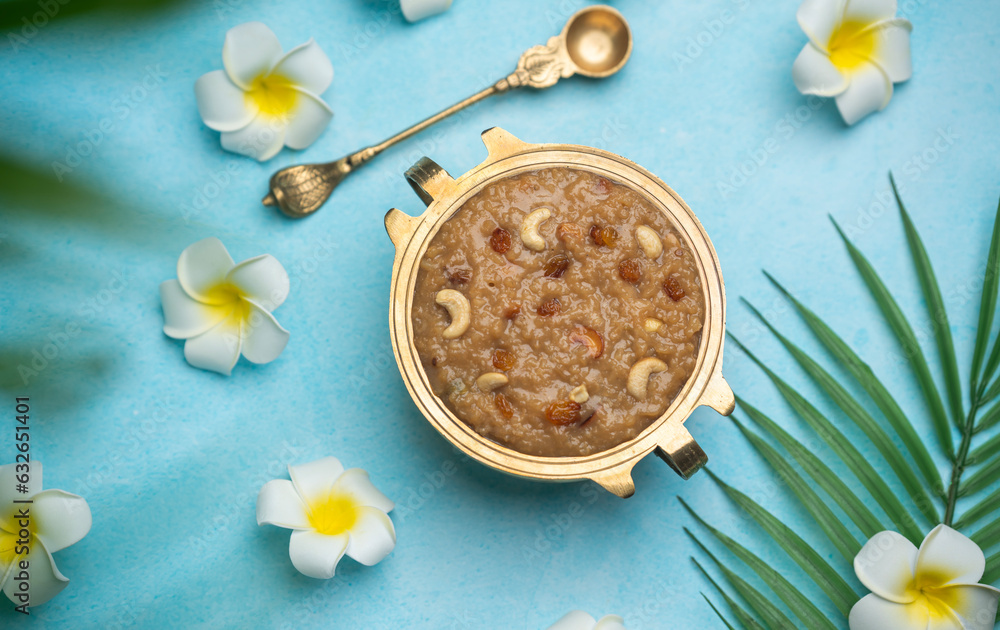 Top view of Kerala food rice payasam arrange in traditional brass ...