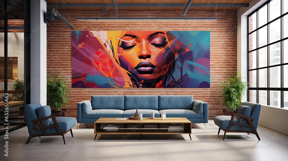 artsy corporate office wall mural graphic behind couch generative AI ...