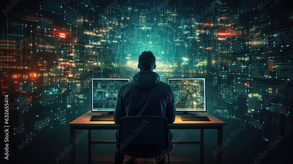 Person sitting upfront computers screen with electronis screens around ...