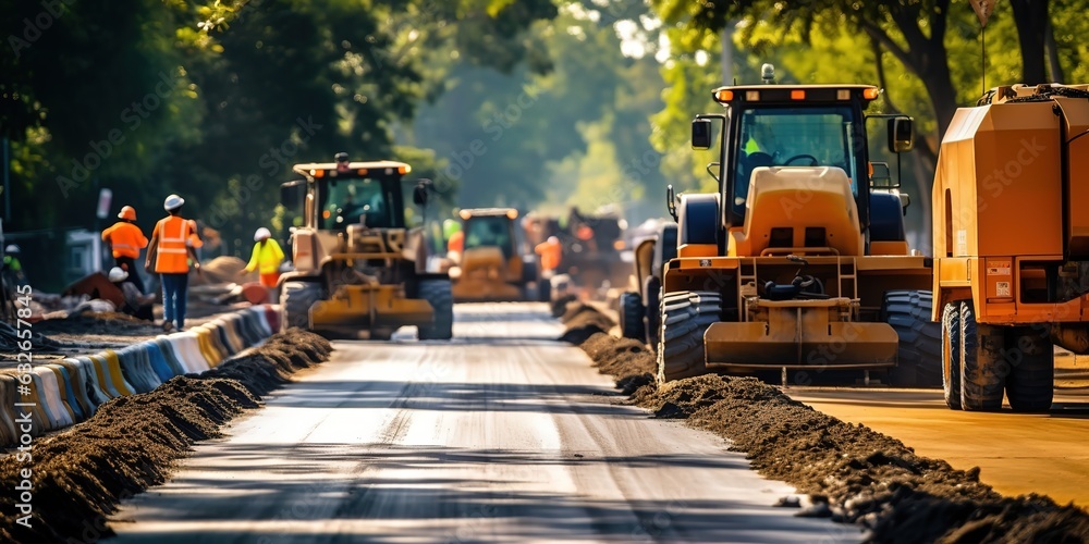 Construction site laying new asphalt pavement, road construction ...