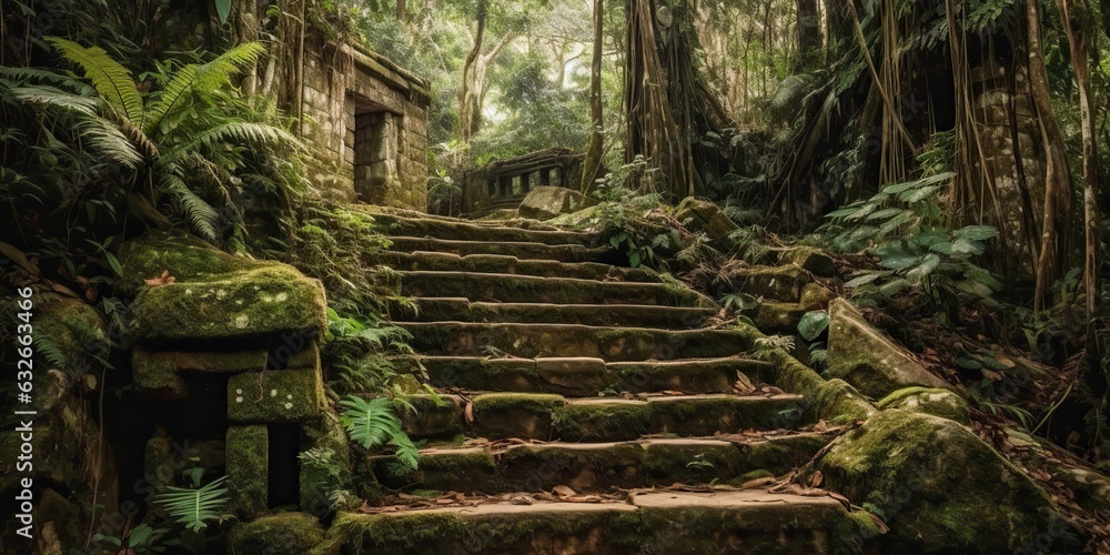 AI Generated. AI Generative. Ancient old jungle forest building ruin ...