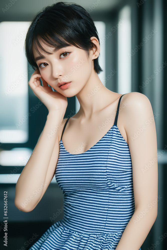 Portrait of beautiful Japanese women wearing bold striped dress with ...