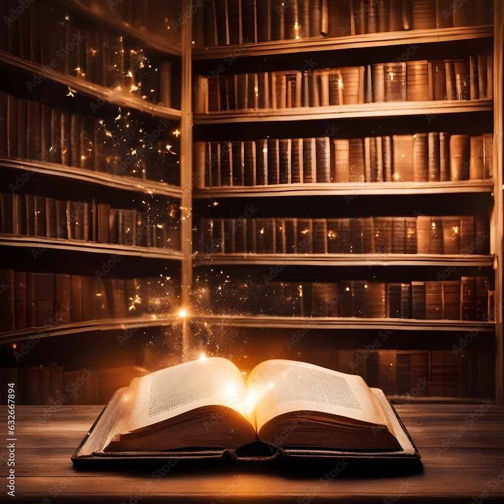 Old book with flying letters and magic light on the background of the ...