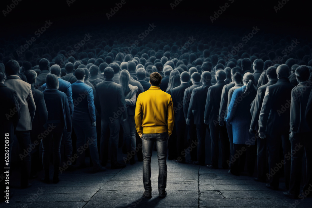 Back view of people and man stand out from crowd. Concept of ...