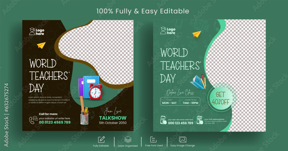 Social media posts for world Teachers day banner ads template design ...