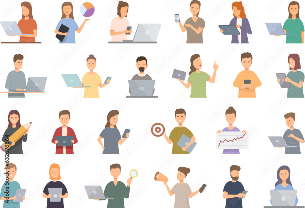 Social Media Manager icons set cartoon vector. Digital laptop. Process ...