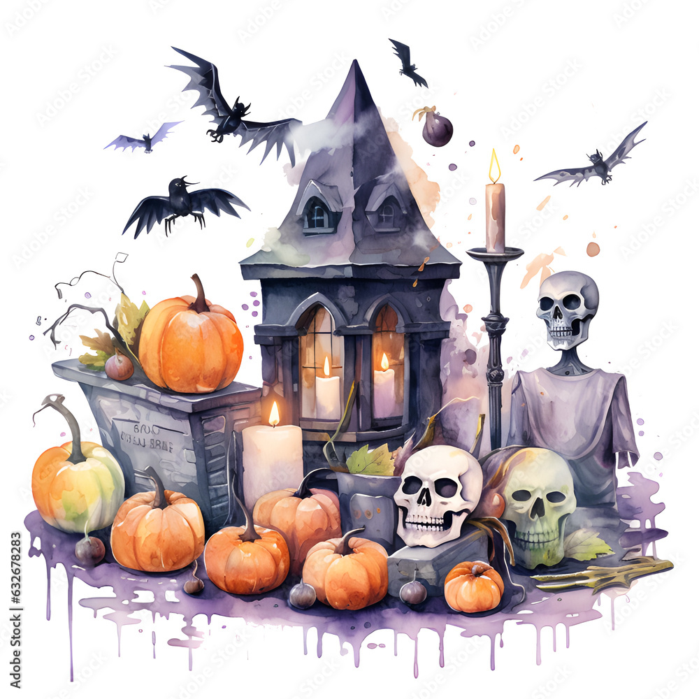 Watercolor painting abtract colorpastel tone set with pumpkin candle ...