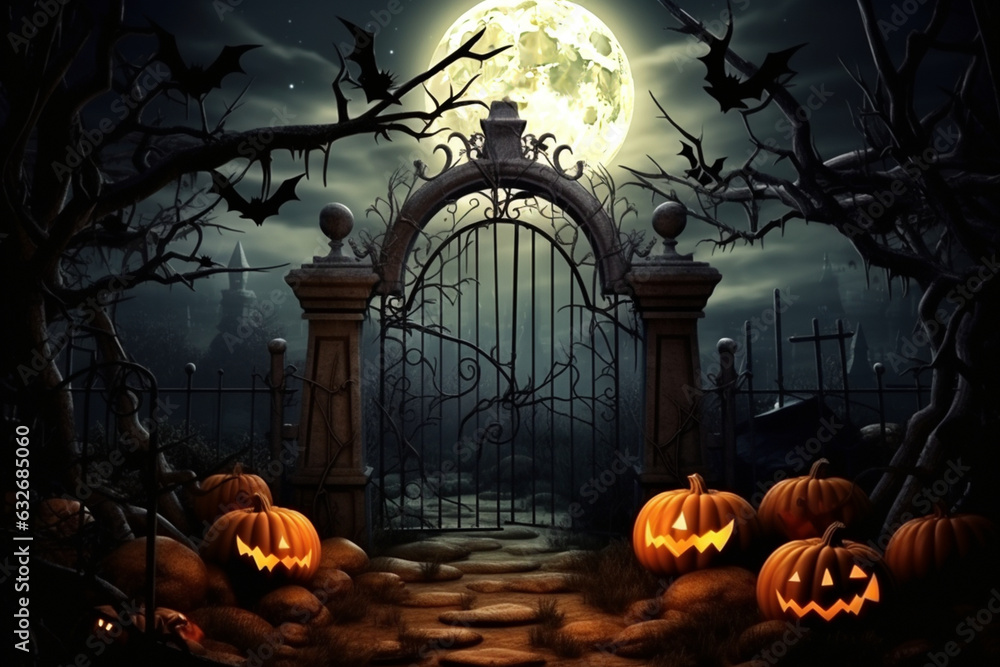 Spiderweb-covered gate leading to a moonlit pumpkin patch. Halloween ...