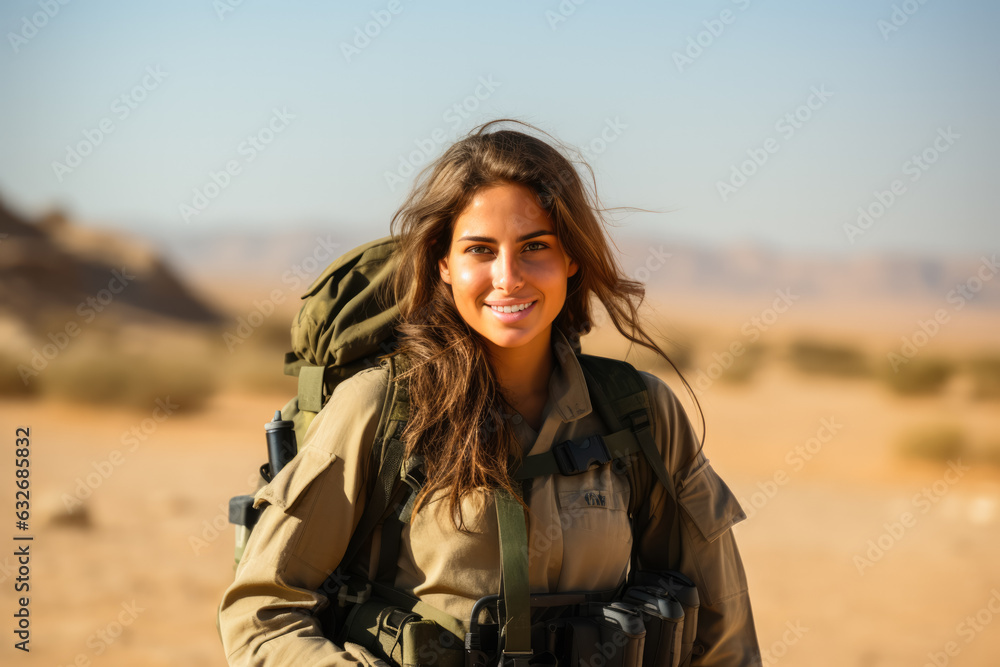 Female Israeli soldier in a desert training photo with empty space for ...