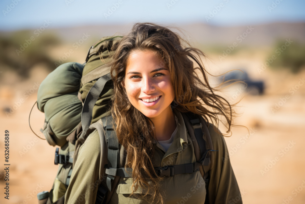 Female Israeli soldier in a desert training photo with empty space for ...