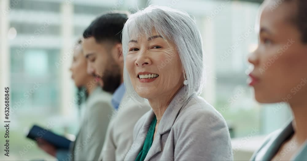 Face, smile and a business asian woman in a seminar with colleagues for ...