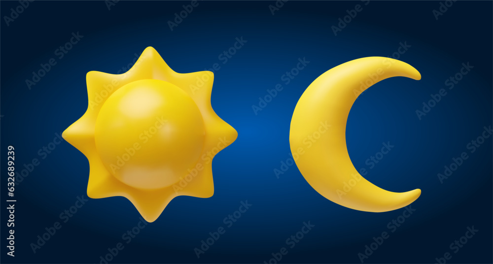 3D render sun, moon and crescent. Realistic space elements vector ...