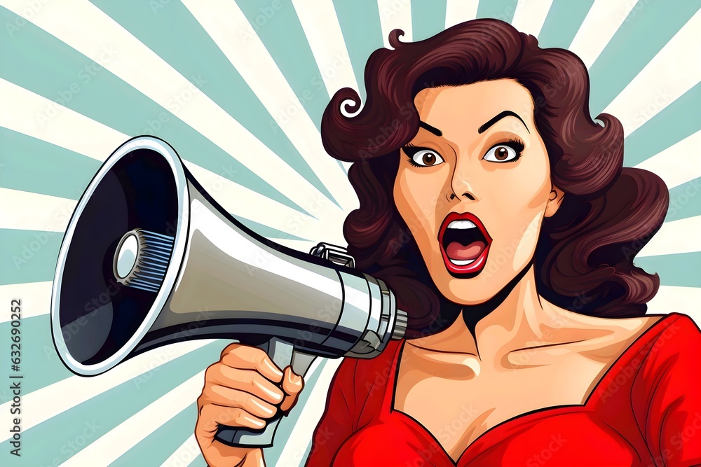 Beautiful woman Agitator with megaphone announces sale, retro comic ...