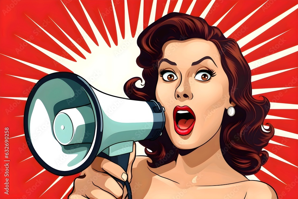Beautiful woman Agitator with megaphone announces sale, retro comic ...