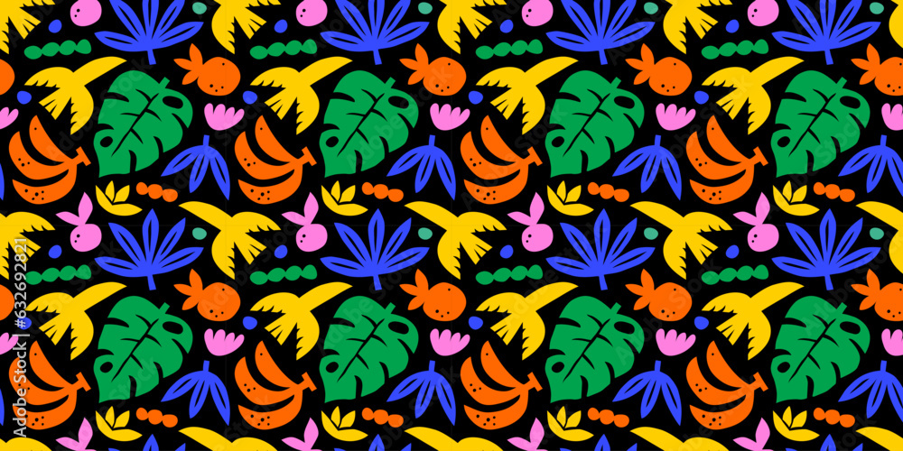 Abstract summer art seamless pattern with colorful nature doodles ...