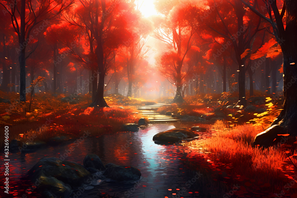 Red-orange mysterious autumn forest with path and river. Beautiful background for your design ...