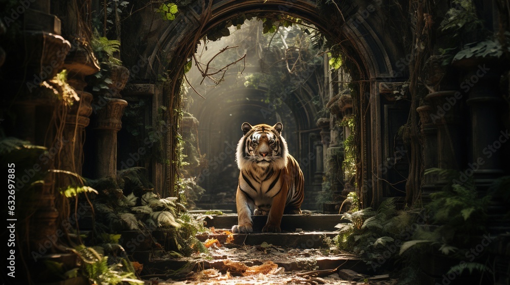 a tiger walking through a tunnel in a forest with a light coming ...