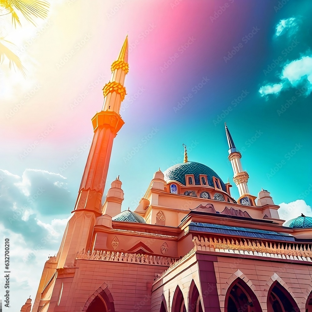 Low Angle Outside Magnificent Islam Grand Dome Mosque with Minarets ...