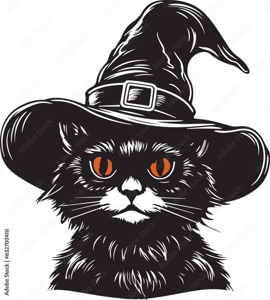 Halloween cat in a witch hat, Vintage cat head, halloween black cat ...