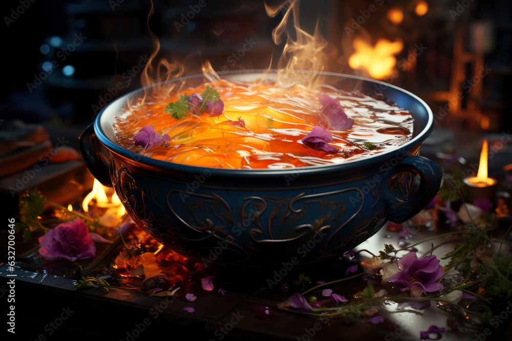 Witch cauldron with boiling luminous potion and various magic ritual ...