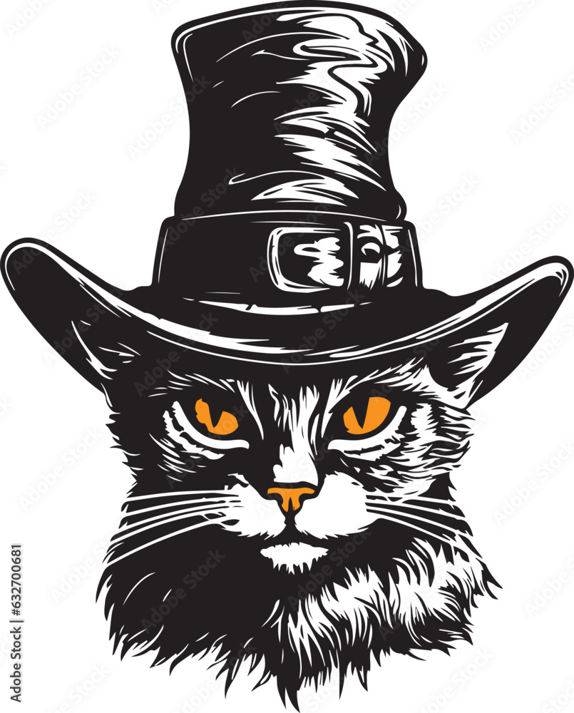 Halloween cat in a witch hat, Vintage cat head, halloween black cat ...