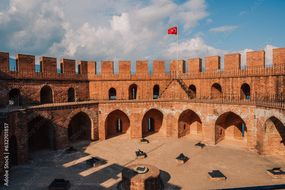 Upper part of the historical Red Tower - Kizil Kule, in Alanya Castle ...