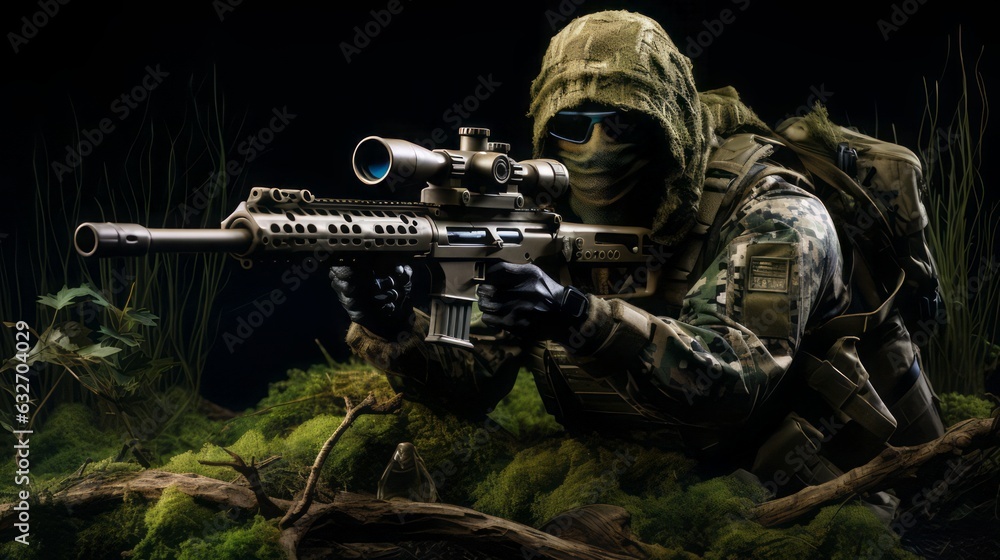 hyperrealistic depiction of a battle-hardened sniper entrenched in the ...