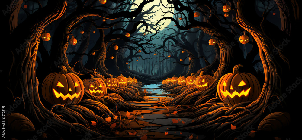 Enchanted Halloween Path: Spooky Forest Trail Lined with Jack-o ...