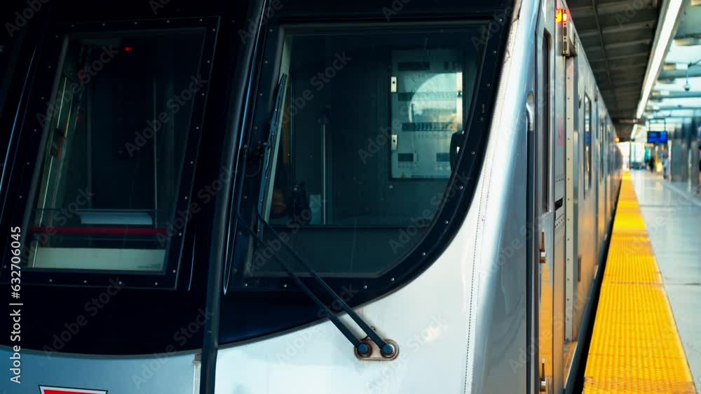 Futuristic subway cabin of modern vehicle, first person view style shot ...