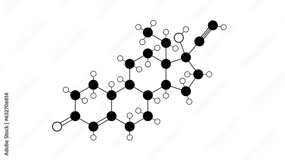 norgestrel molecule, structural chemical formula, ball-and-stick model ...