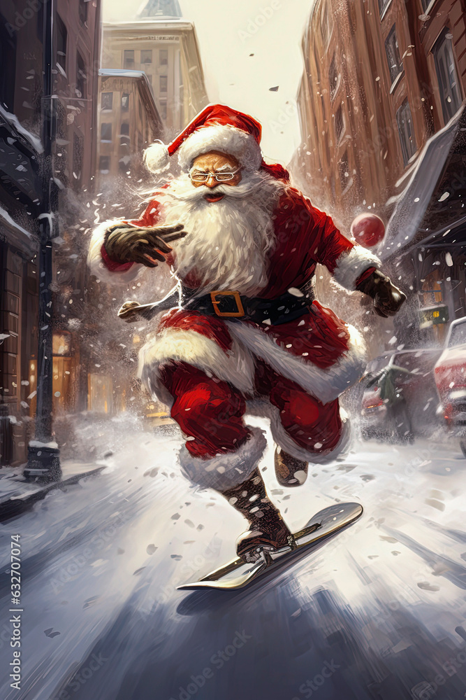 Generative AI illustration of Santa Claus on a skateboard strolling ...