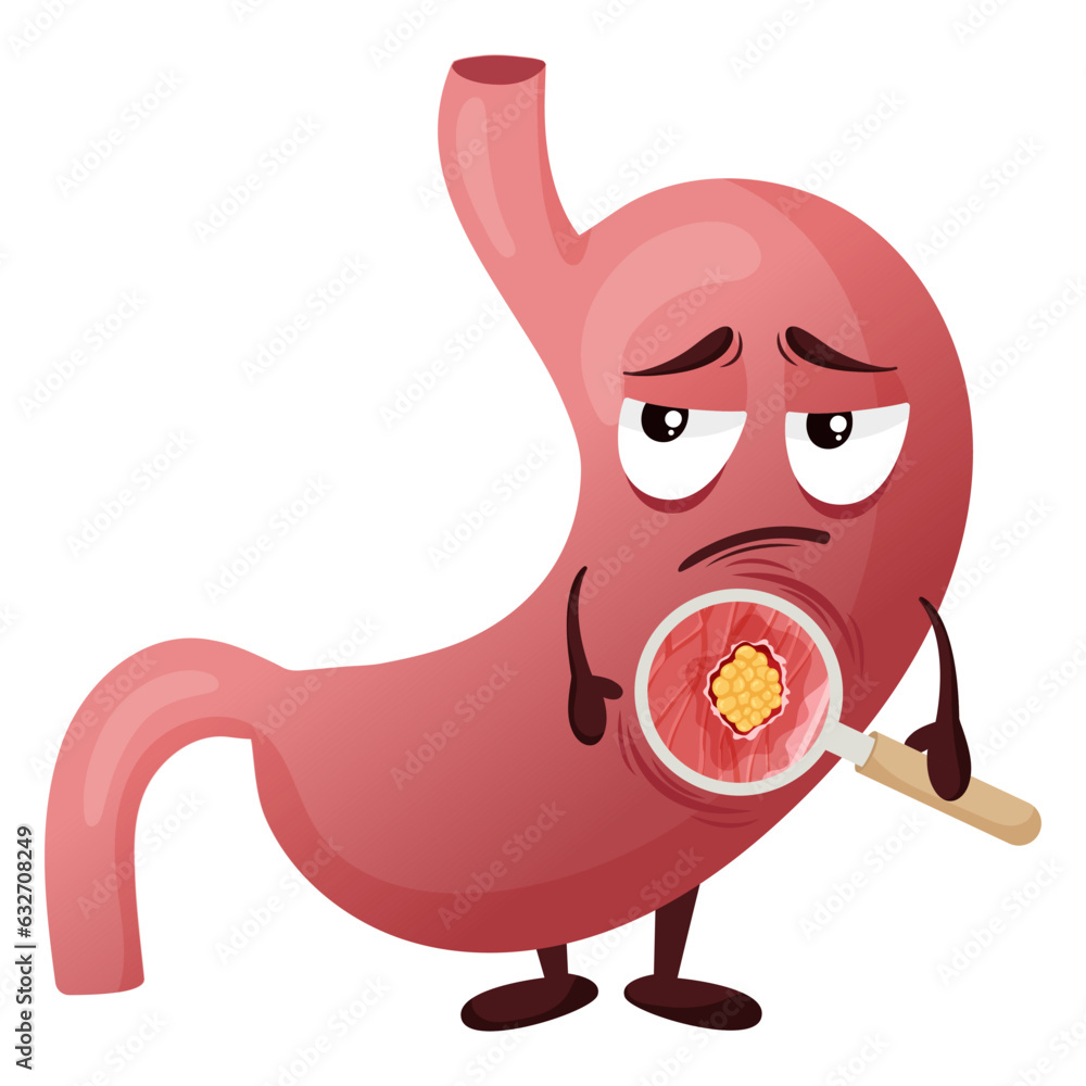 Stomach cancer. Cute cartoon stomach character with face and emotion of ...