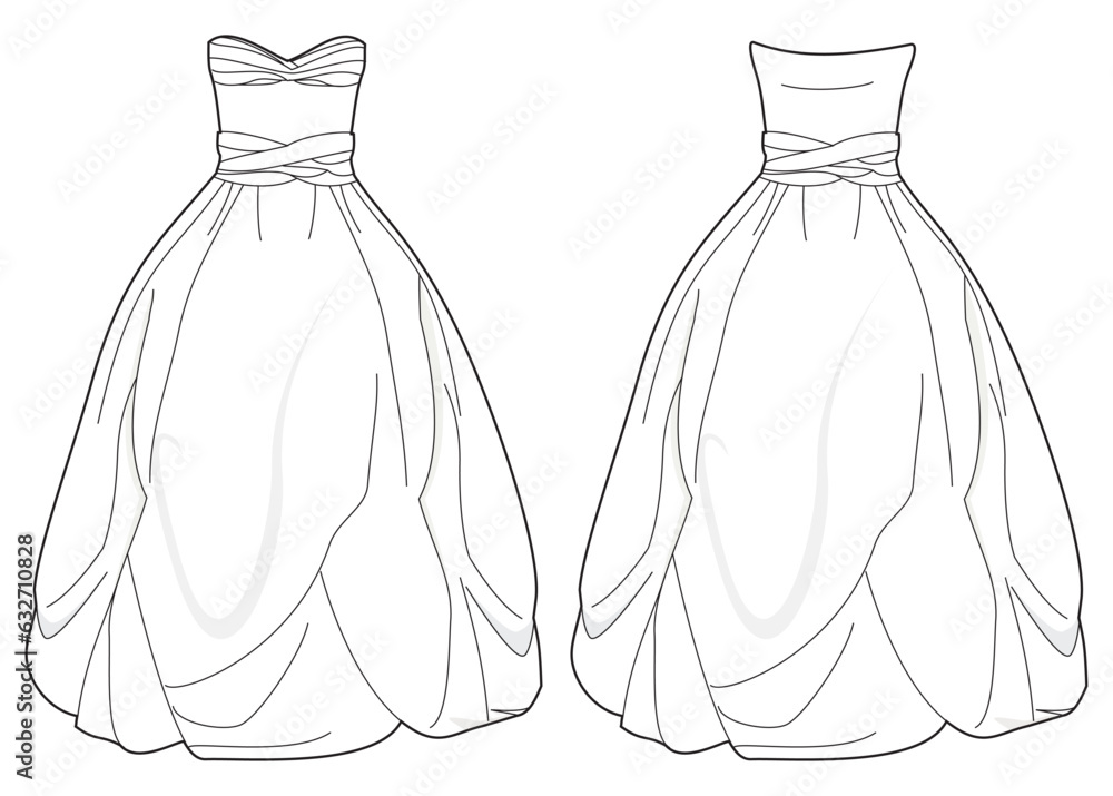 Sweetheart neck strapless ball gown wedding dress design flat sketch ...