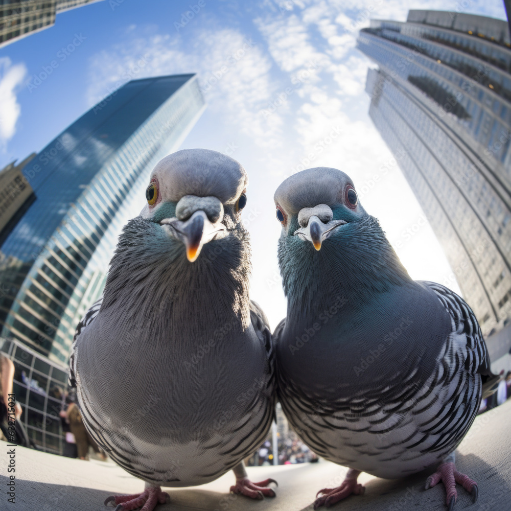 Selfie of two pigeons in the big city. Fun, meme and animal concept ...