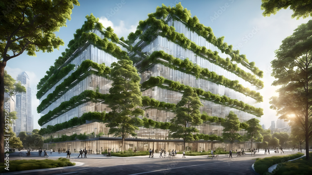 Eco-friendly building in the modern city. Sustainable glass office ...